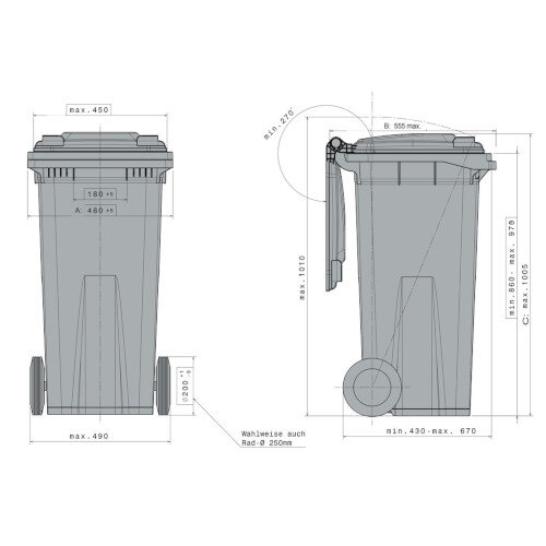 Craemer 2 Wheeled Plastic Bin 120L Black - Hunt Office Ireland
