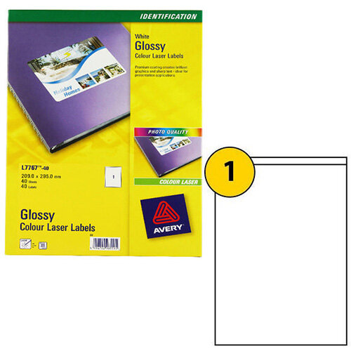 Avery Laser Printer Label Glossy 1 Per Sheet 295x209mm Ref L7767-40 [40 ...