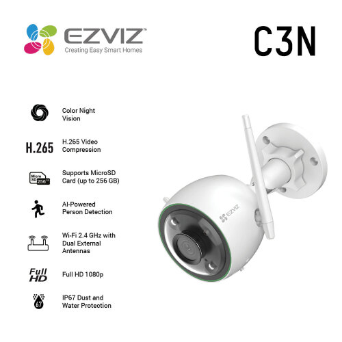 EZVIZ C3N Smart Outdoor Camera with Colour Night Vision, AI Human ...