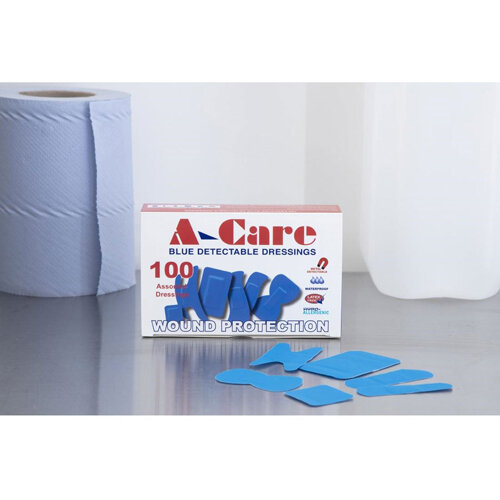 A-CARE DETECTABLE BLUE PLASTERS ASSORTED - BOX 100 - HuntOffice.ie