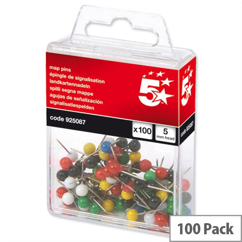 Map Pins 5mm Head Assorted Pack 100 5 Star - Hunt Office Ireland
