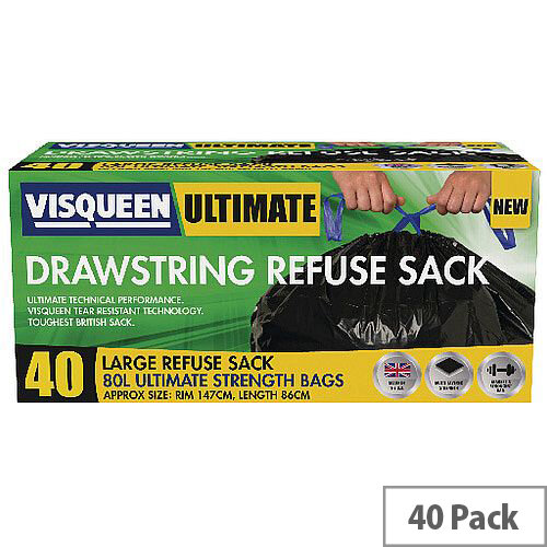 Visqueen Ultimate Drawstring Refuse Sack 80 Litre Black Pack of 40 ...