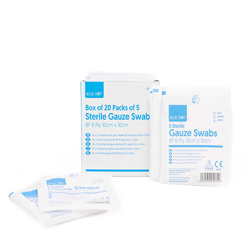 BLUE DOT Sterile Gauze Swabs, 8 Ply 10cm x 10cm, Box of 20 Packs of 5 ...