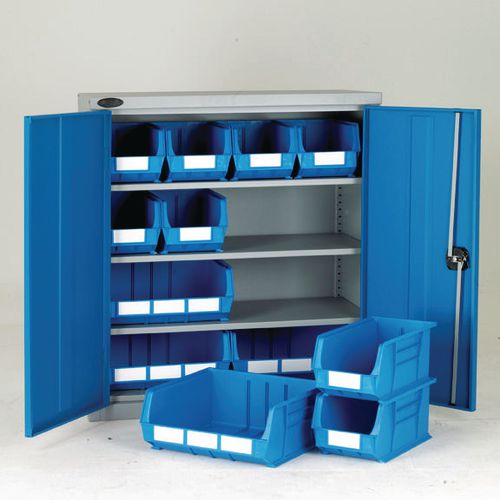 Low Steel Cabinet With Blue Doors 3 Shelves And 12 Blue Linbins - Hunt ...