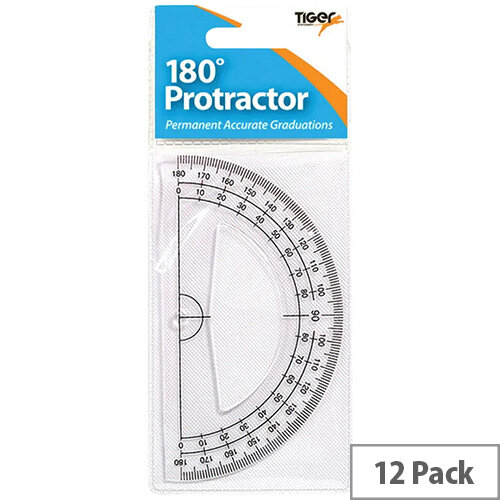 Tiger 180 Degree Clear Plastic Protractor Pack of 12 - Hunt Office Ireland