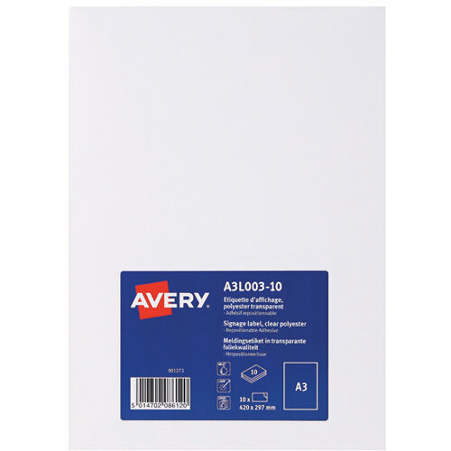 Avery Display Labels A3 Clear (Pack of 10) A3L003-10 - HuntOffice Ireland