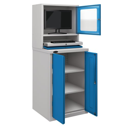 Compact Computer Workstation With Blue Doors Tft Screen Housing H1600mmxW650mmxD6 Hunt Office Ireland