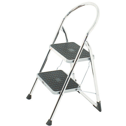 Folding Step Stool Aluminium 2 Tread High Back Chrome Silver Height 0.47mm 321677 Hunt Office Ireland